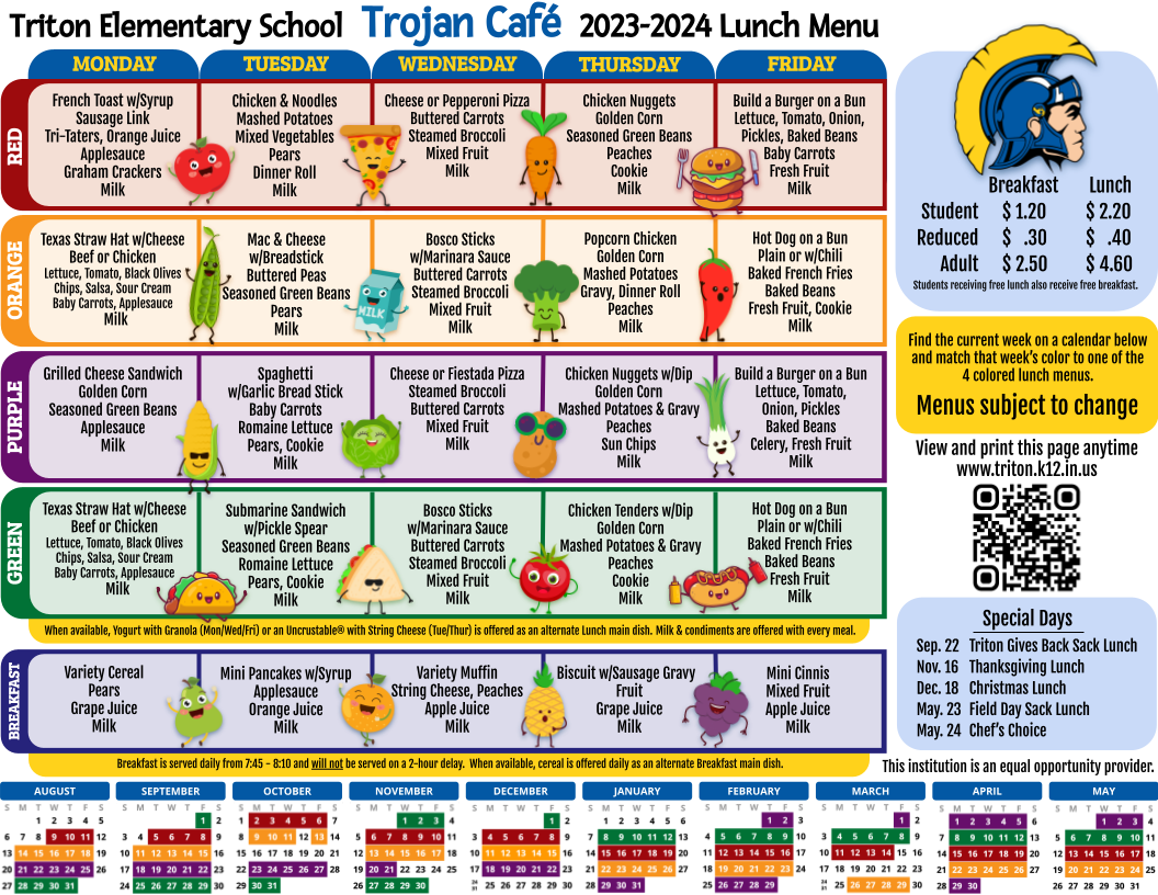 Elementary School Cafeteria Menu